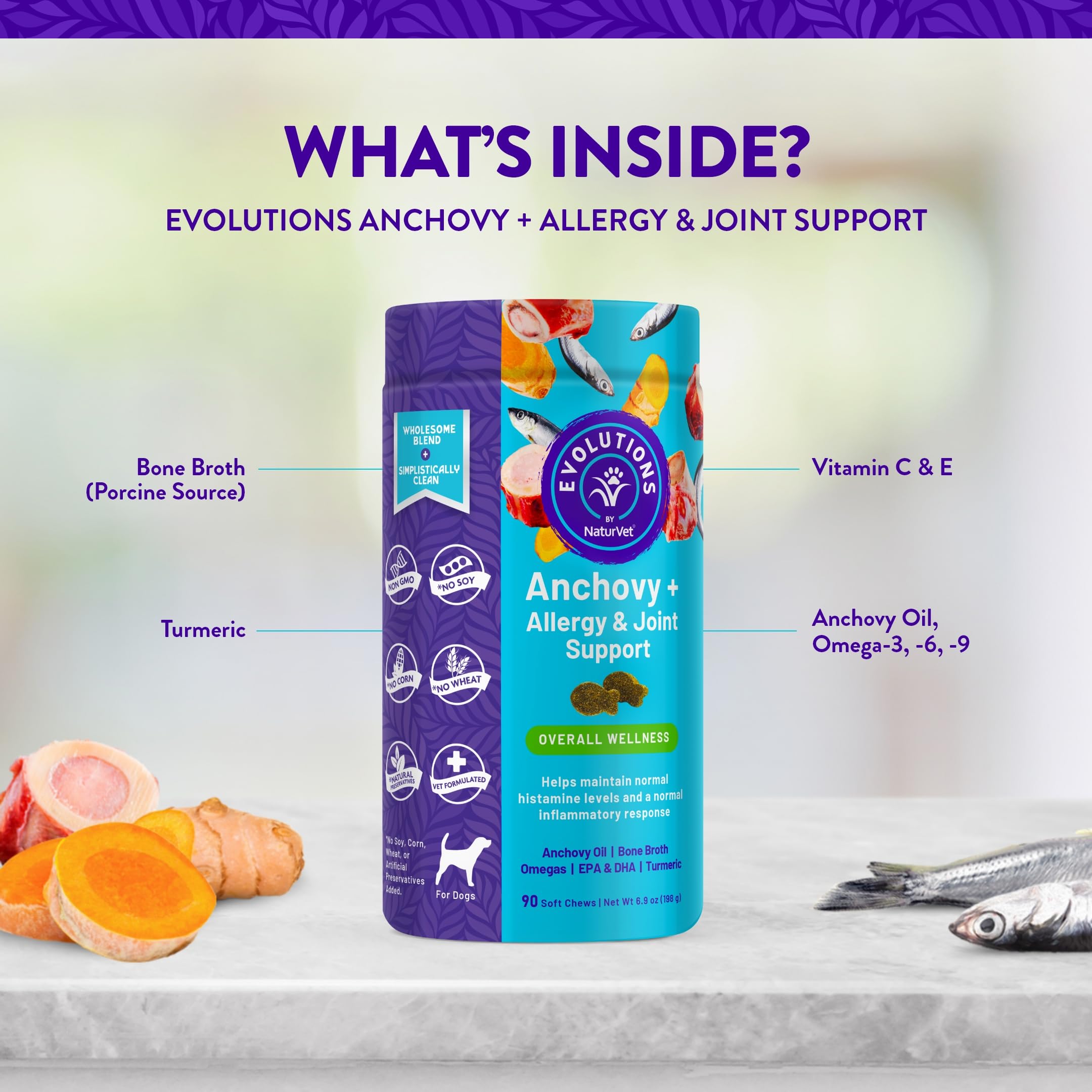 NaturVet Evolutions Anchovy + Allergy & Joint Support 90ct Soft Chews for Dogs - Anchovy Oil, Bone Broth - Helps Maintain Normal Histamine Levels - Helps Support Normal Inflammatory Response