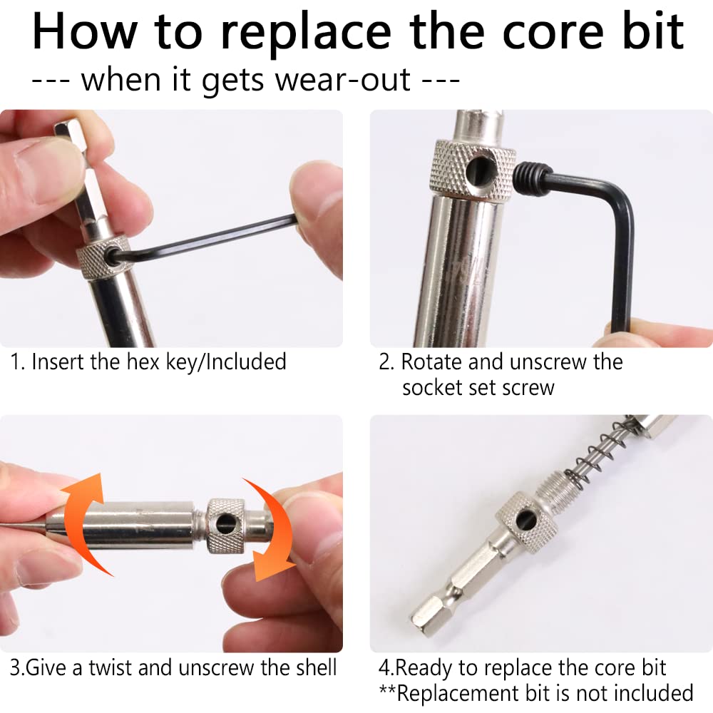 Japard Self Centering Drill Bit Set for Hinges 4 Pcs, 1/4 Hex Shank with 5/64, 7/64, 9/64, 11/64 inches Door Window Cabinet