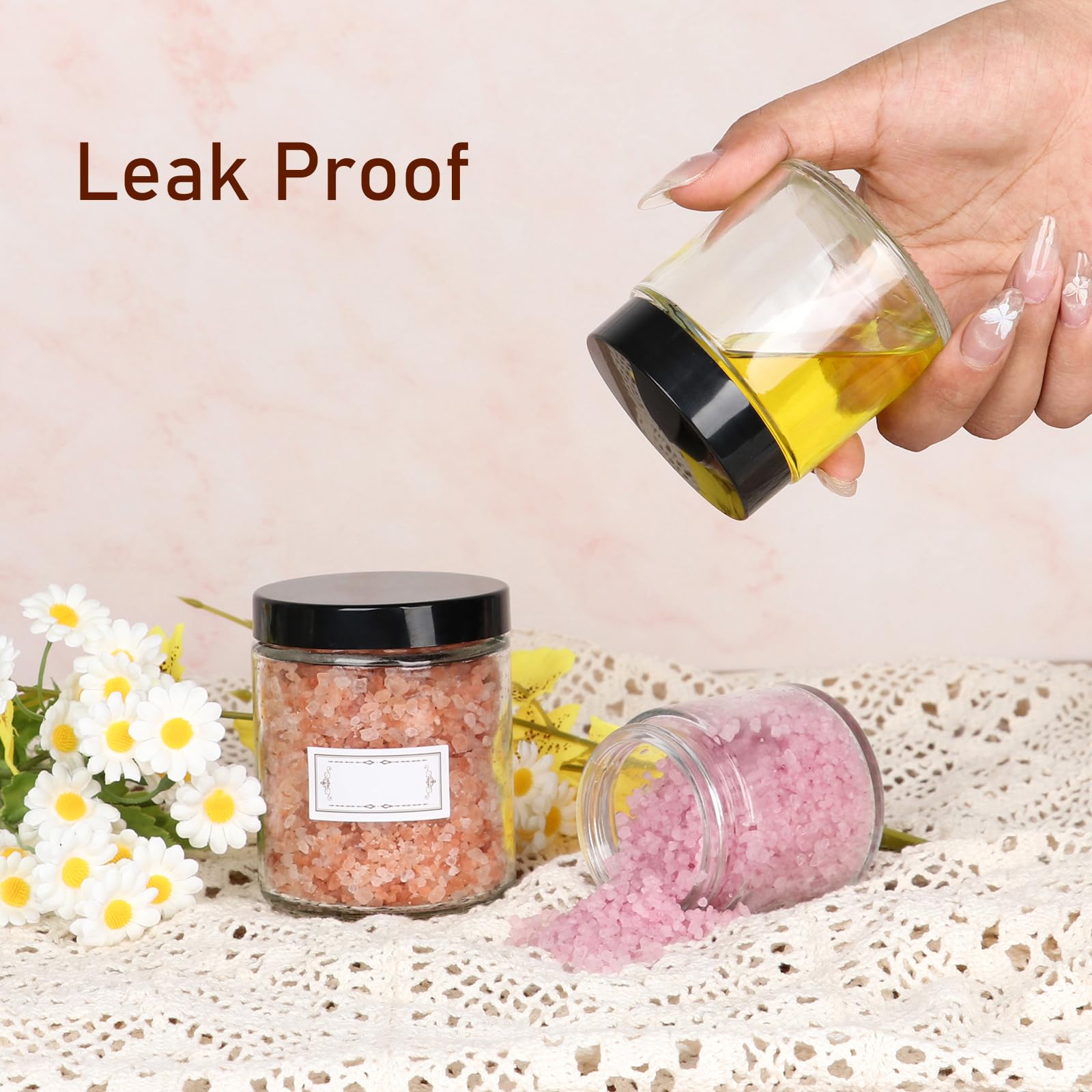 24 Pack 4 oz Glass Jars with lids, Clear Cosmetic Jars with Inner Liners and Black Lids, Lotion Jars, Candle Making Jars for Lotions, Scrubs and Cosmetic, Lables and Spatulas Include