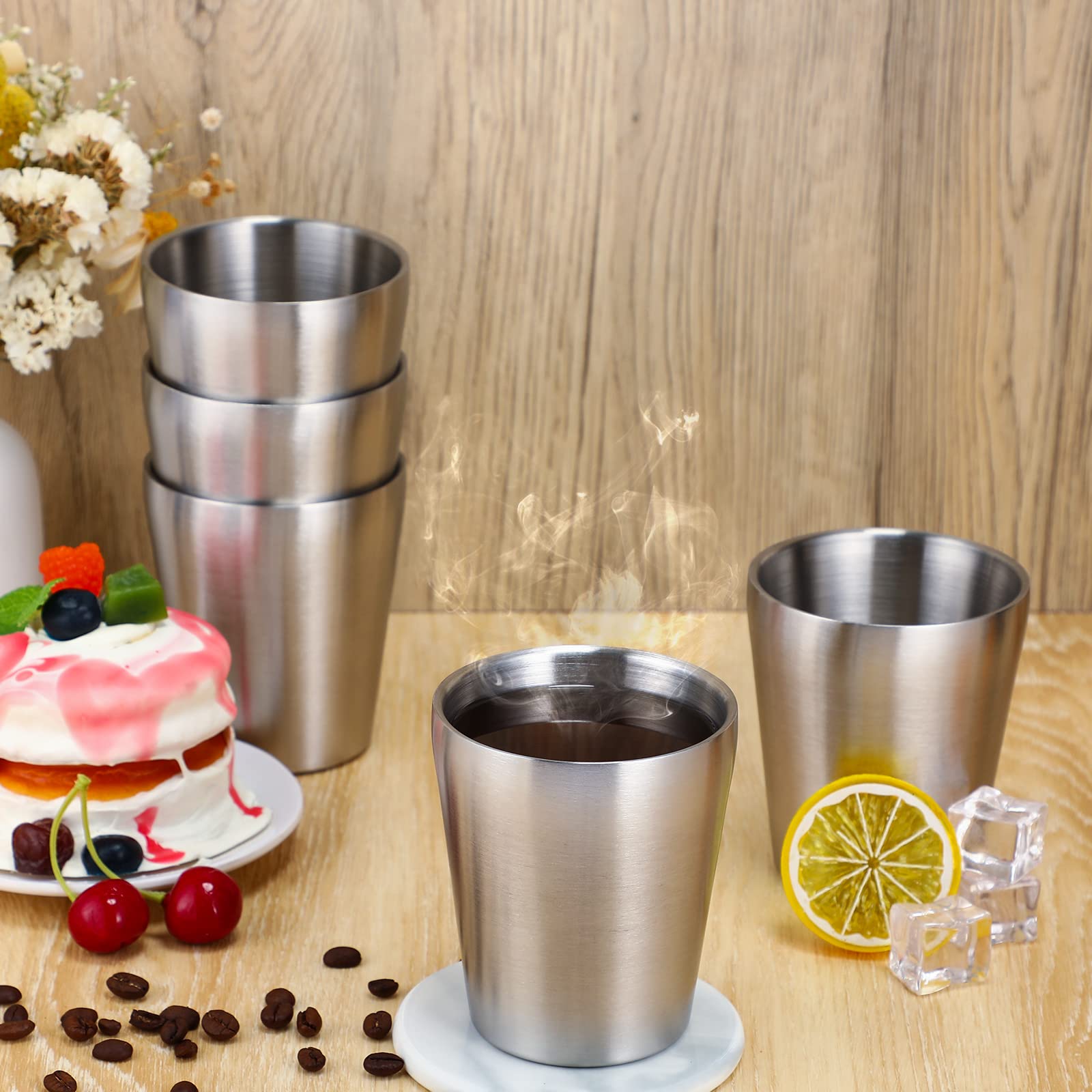 12 Pieces Stainless Steel Cups Double Wall Tumbler Glasses Stackable Glasses Metal Drinking Cups Insulated Drinking Glasses Reusable Silver Camping Mugs for Home Camping RV BBQ Office Party (8.8 Oz)