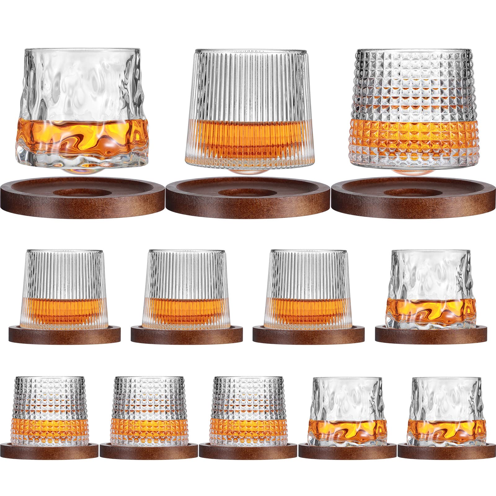 12 Pieces Whiskey Glasses Set Rotatable Old Fashioned Glasses with Creative Walnut Coasters, Whiskey Gifts for Men Husband Father's Day, Bourbon Glass Cups for Drinking Cocktails, Cognac