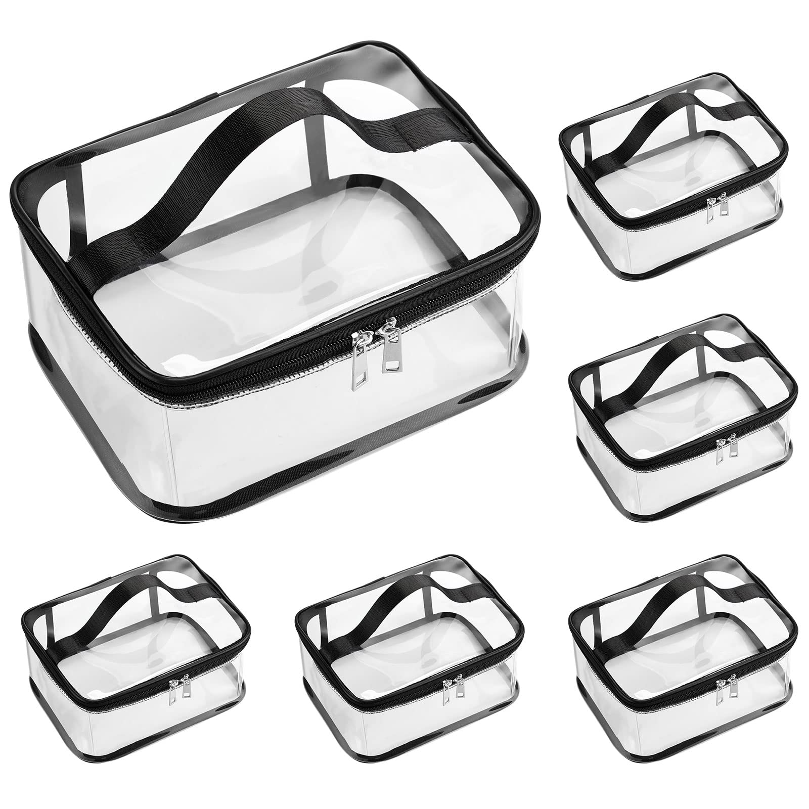 6 Pcs Large Clear Cosmetic Bags Clear Makeup Bag Transparent Zipper Travel Bag Toiletry Makeup PVC Bag Waterproof Portable Organizer Storage Pouch with Handle for Vacation Bathroom (Black Edge)