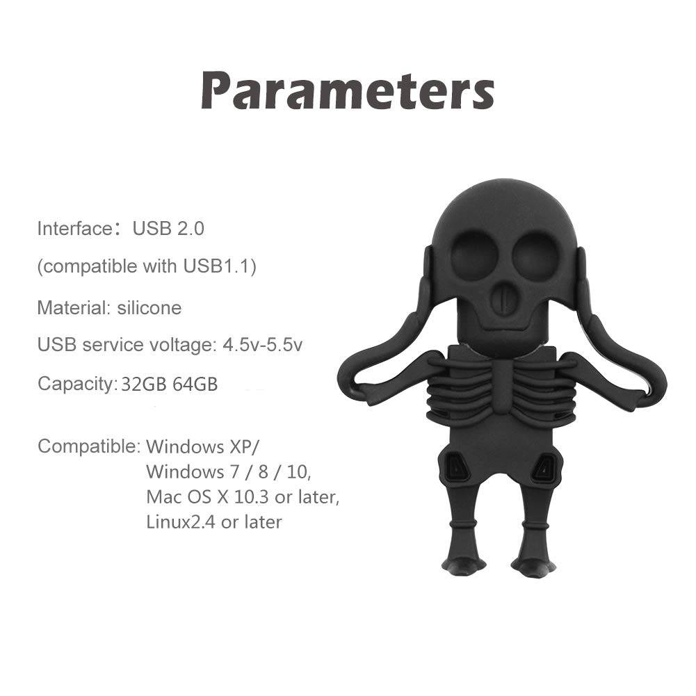 32GB USB Flash Drive Cartoon Skeleton Shaped Memory Stick, BorlterClamp Cool Thumb Drive Pen Drive Amazing Gifts, Black