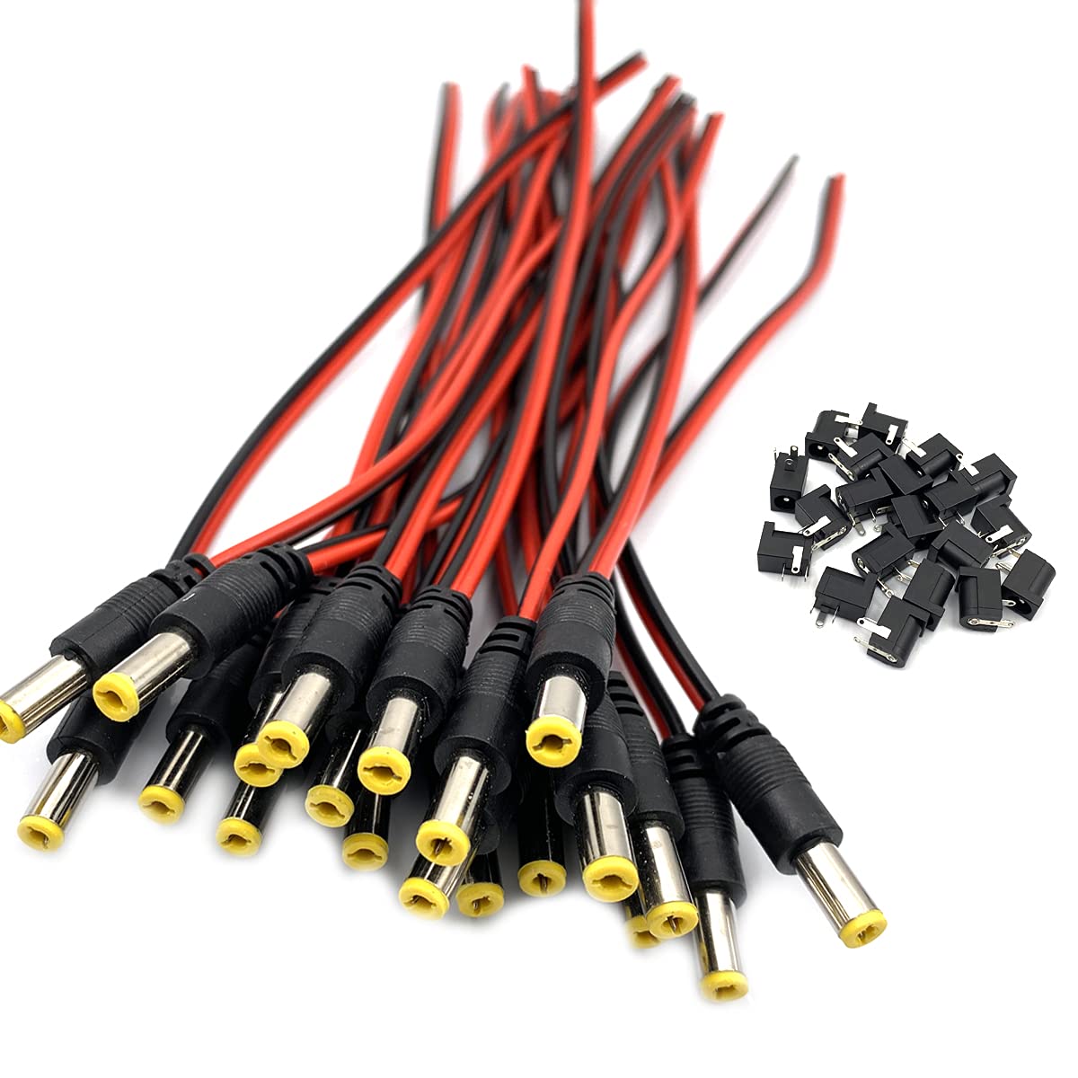 DEVMO 20PCS DC Power Jack Socket Connector 5.5 x 2.1mm DC-005 Black Barrel-Type PCB Mount + 12V DC Power Jack Connector Cable