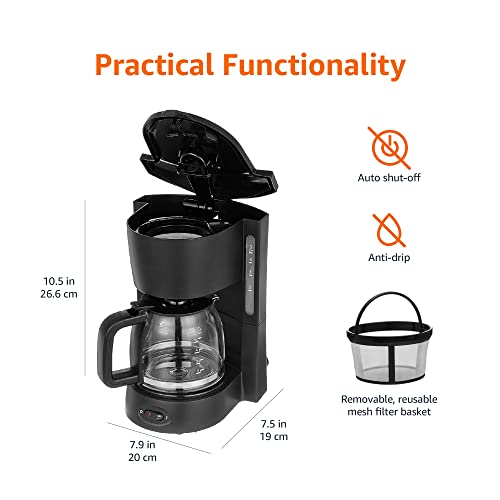 Amazon Basics 5-Cup Drip Coffeemaker with Glass Carafe and Reusable Filter, Black