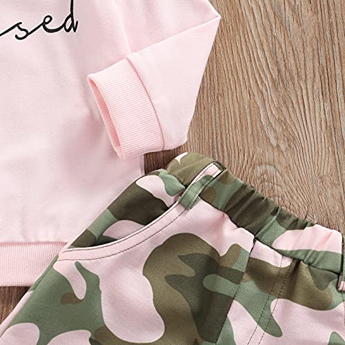 Mandizy Kids Toddler Girl Spring Fall Outfits Blessed Letter Print Long Sleeve Sweatshirt Tops and Camouflage Pants Clothes Set (Pink, 3-4T)