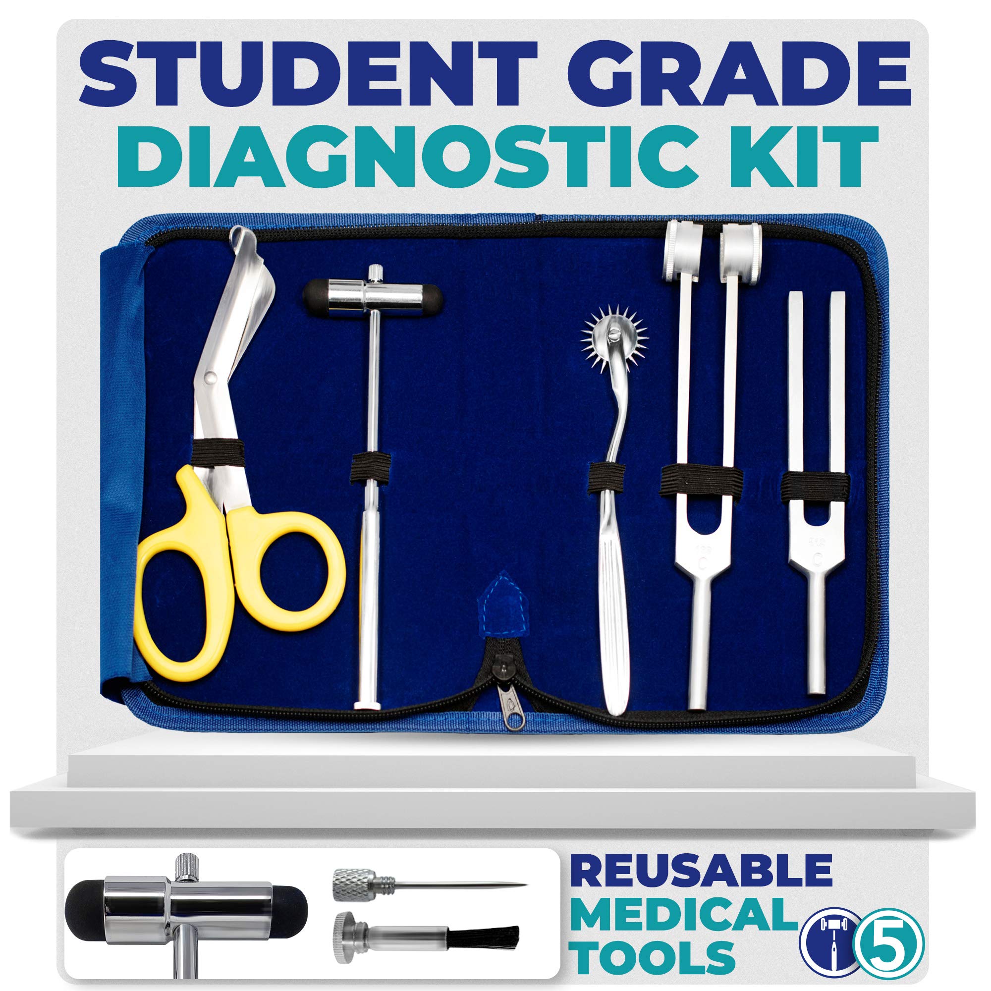 6 Piece Medical Student Diagnostic Kit - Reflex Hammer and Tuning Fork Set C 128 and C 512. Includes a Wantenberg Pinwheel and a Premium Japanese Steel Bandage Scissor 7.5”