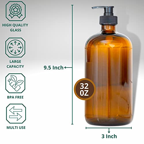 32oz Amber Glass Soap Dispenser- Large Amber Round Bottles with Black Pumps β Apothecary Soap Dispensers is Refillable & Reusable for Bath/Kitchen Accessories - Pack of 4