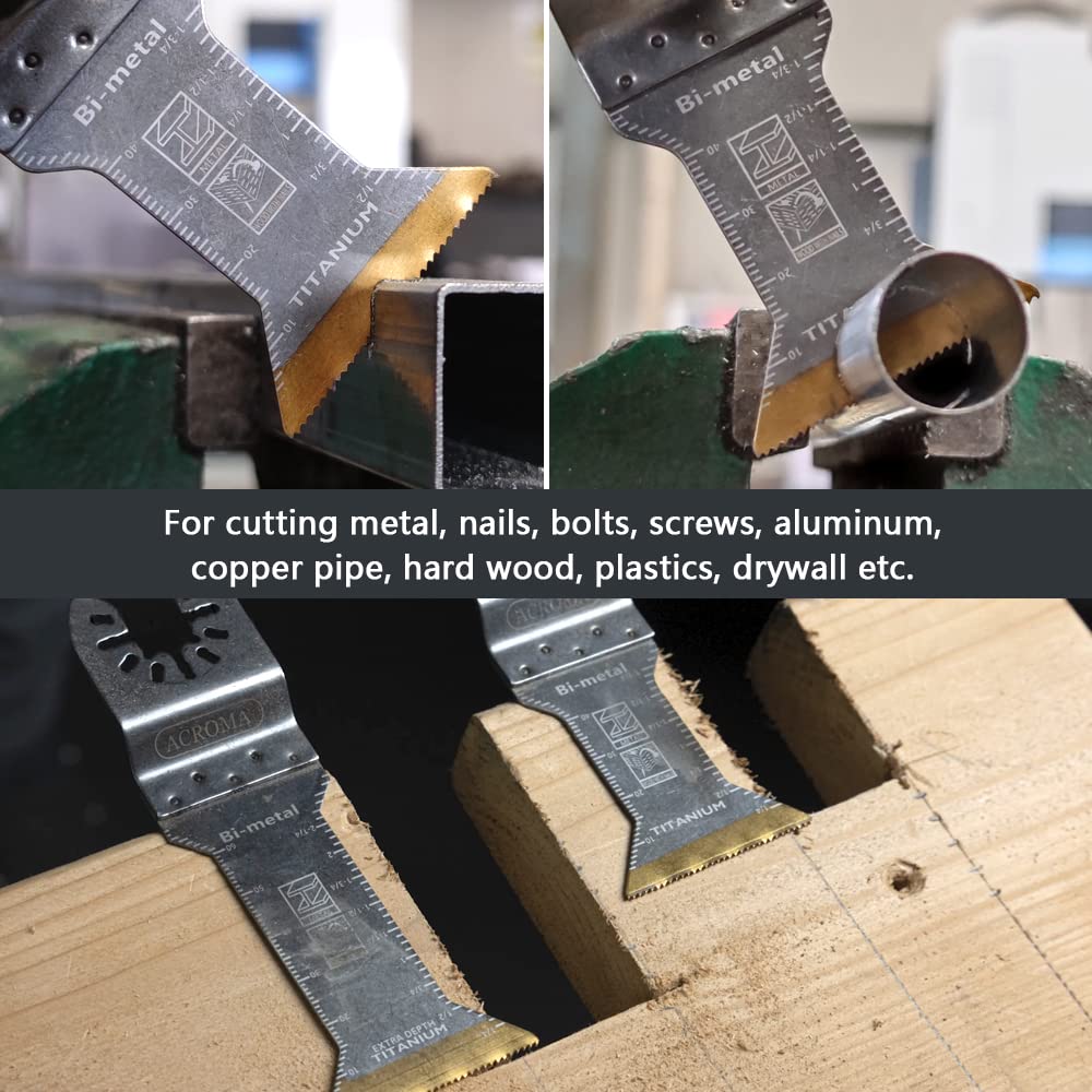 Acroma 5-Piece Universal Oscillating Multitool Blade Set, Titanium-Enhanced M42 HSS Bi-Metal, Including 2" and 2-2/3" Extra-Long Blades, Ideal for Plunge/Flush Cut on Multi-Materials. BM50005