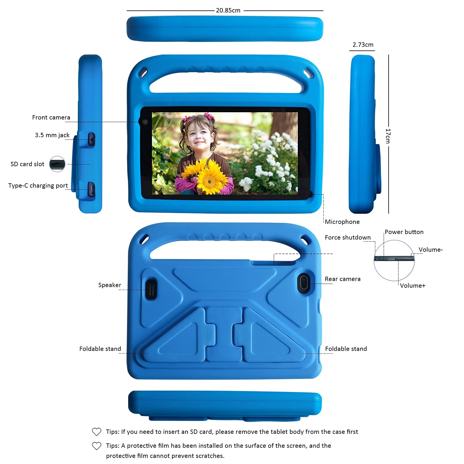 GOODTEL Kids Tablet Android 7 inch for Kids with 128GB Extended Memory, Installed Parental Control Mode Puzzle Game IPS HD Display, Toddler Tablet with Shock-Proof Case, Great Gift - Blue