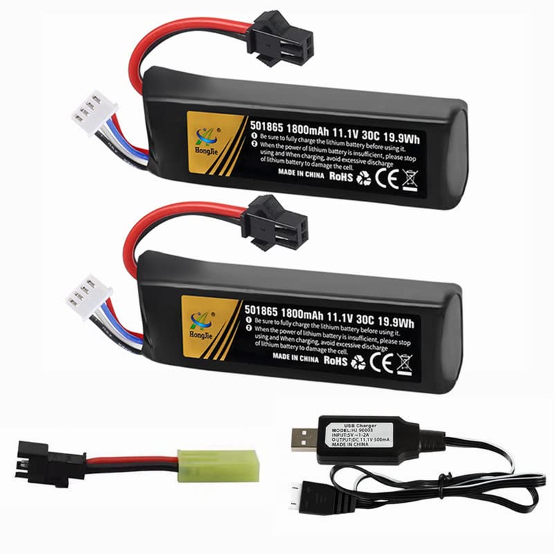 11.1V Lipo Battery Airsoft 1800mAh 30C Rechargeable LiPo Battery with 3S Charging Cable and SM2P to Mini Tamiya Switch Cable for Airsoft Guns Airsoft Rifle