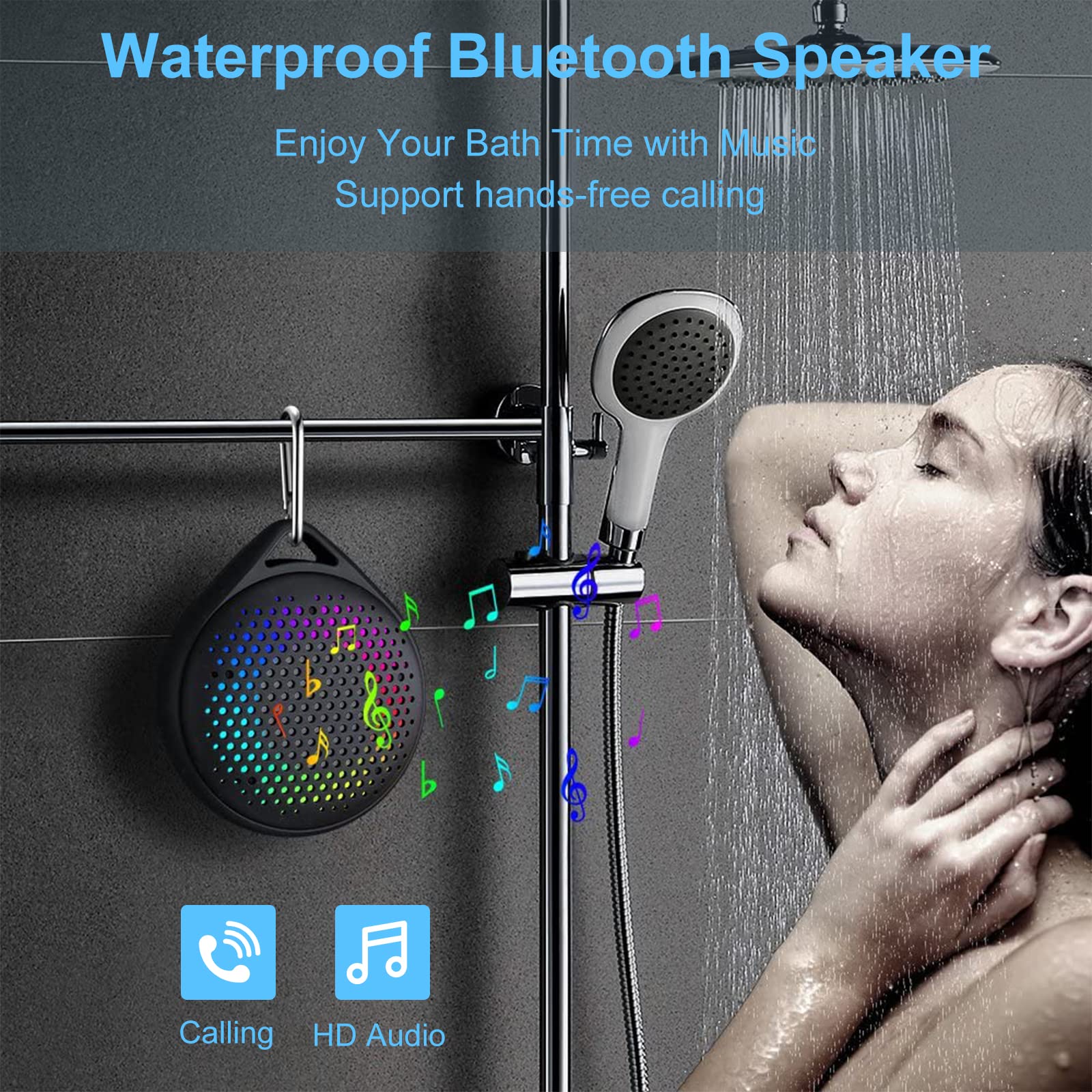 AVWOO Bluetooth Shower Speaker, IP67 Waterproof Speaker with RGB Light, Portable Bluetooth Speaker with Hi-Fi Sound and Built-in Mic, Support TF Card, Wireless Speaker for Home Outdoor Travel