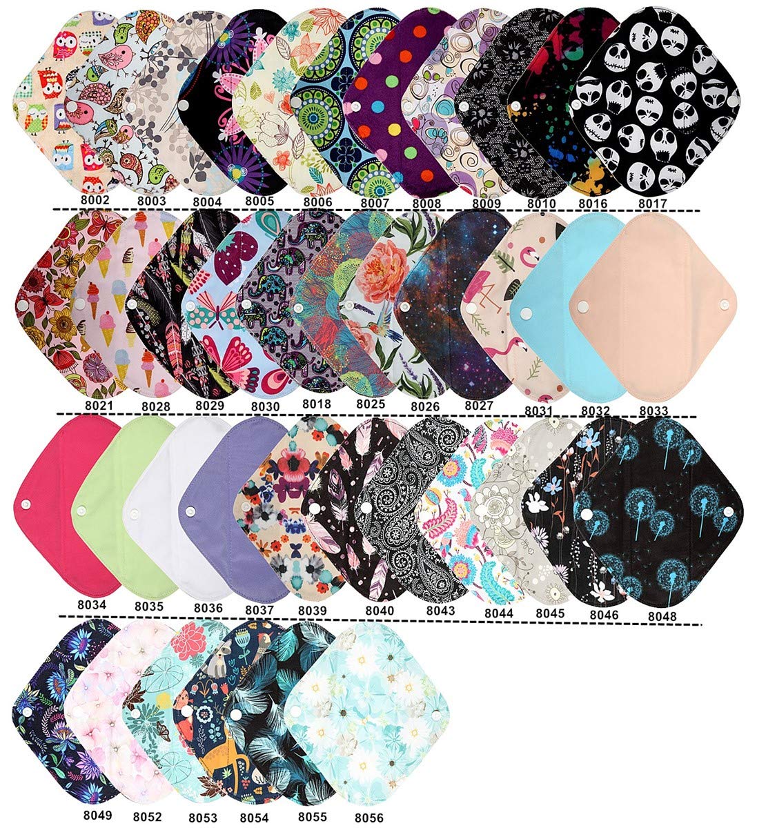 6 Pieces 8 Inch Charcoal Bamboo Mama Cloth/Menstrual Pads/Reusable Sanitary Pads/Panty Liners - You Choose 6 from 19 Designs and Email to Me