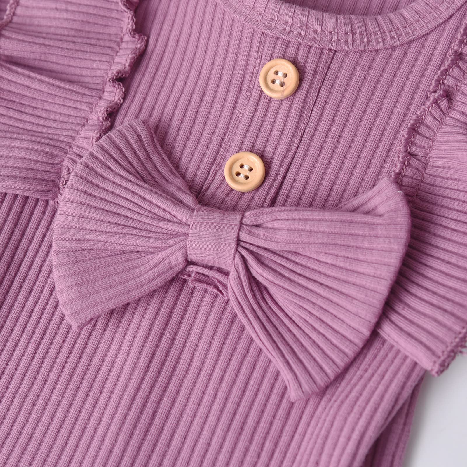 Kulcerry Newborn Infant Baby Girl Clothes Solid Color Bow Ribbed Long Sleeve Romper Pants Headband Outfits Set (Purple,Newborn)
