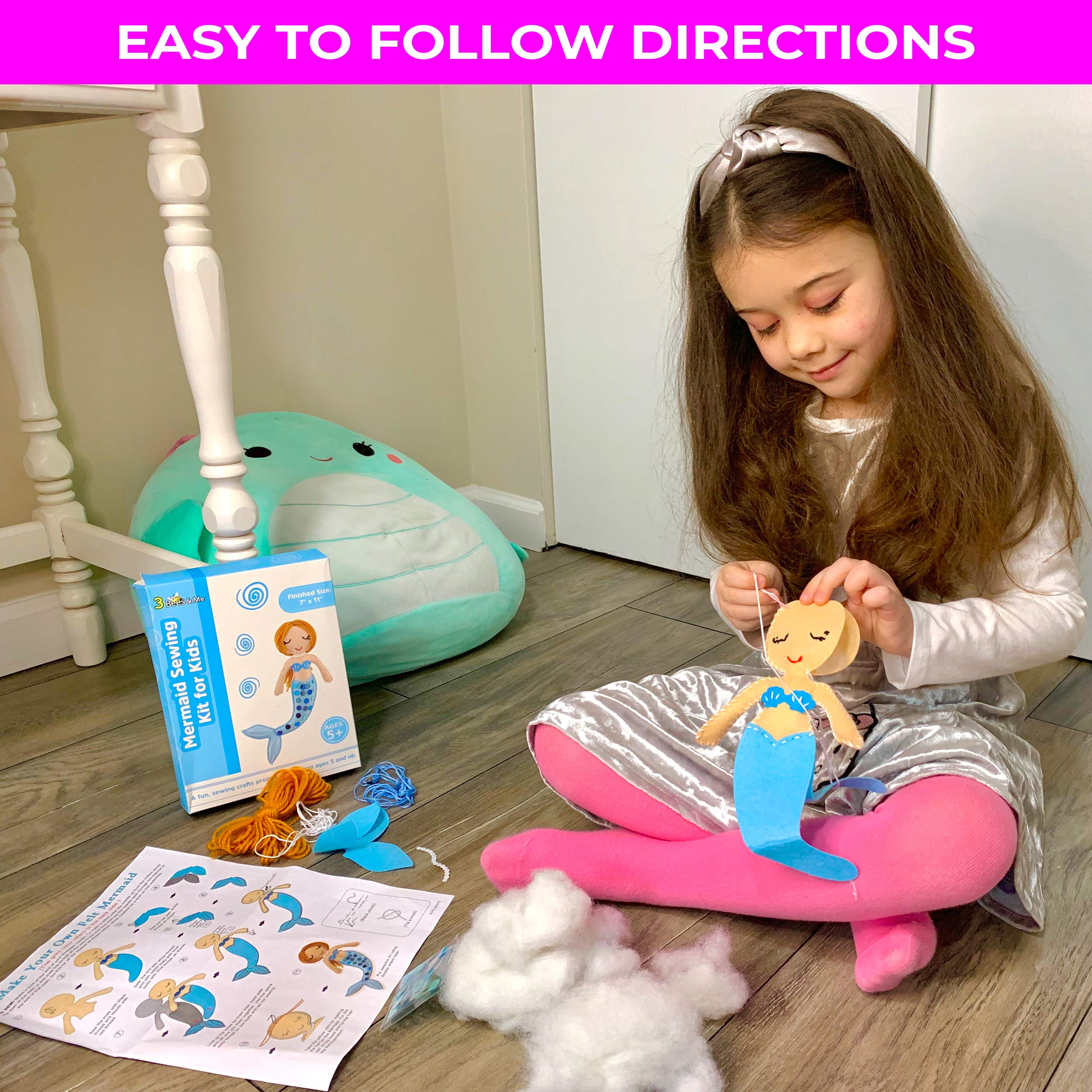 3 Bees & Me Mermaid Sewing Kit for Kids β Fun Mermaid Crafts for Girls and Boys β Complete DIY Doll Making Gift for Ages 7 to 15