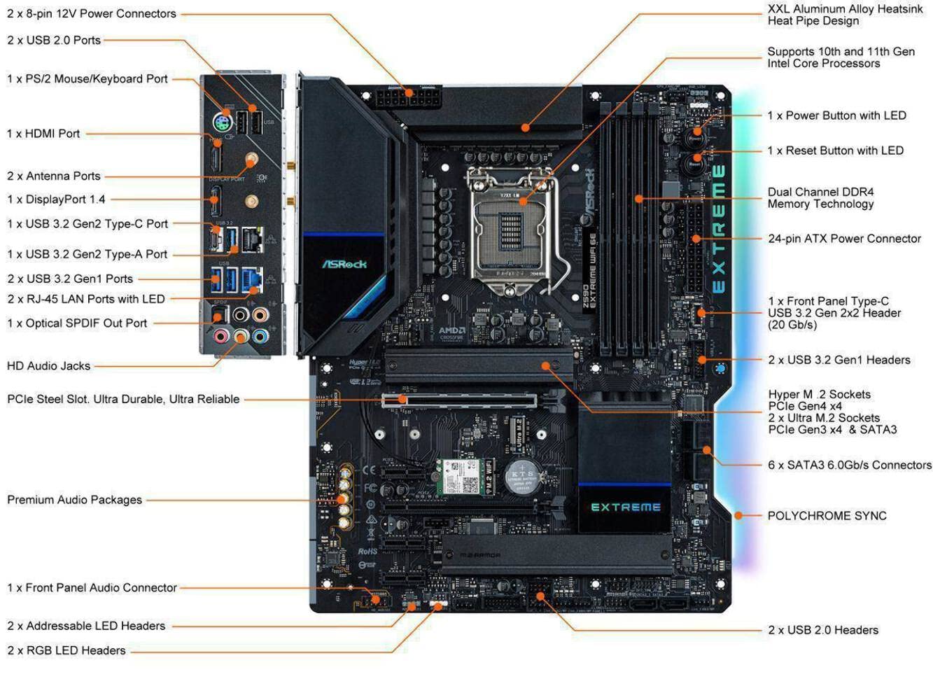ASROCK Z590 Extreme WiFi 6E Socket LGA1200/ Intel Z590/ DDR4/ SATA3&USB3.2/ M.2/ WiFi&Bluetooth/ATX Motherboard