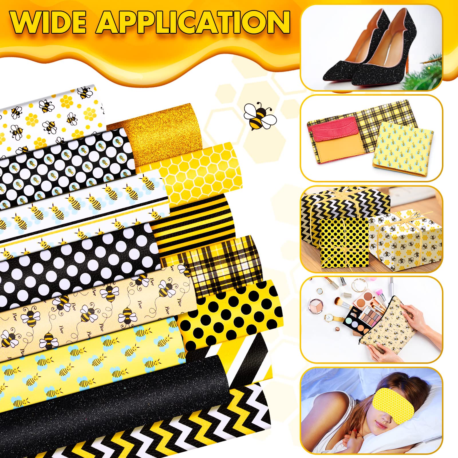 14 Pcs Faux Leather Sheets Summer Fruit Lemon Bee Printed Synthetic Leather Sheet Glitter Faux Leather Fabric Sheet for Earrings Headbands Making, 8.3 x 6.3 Inch(Bee)