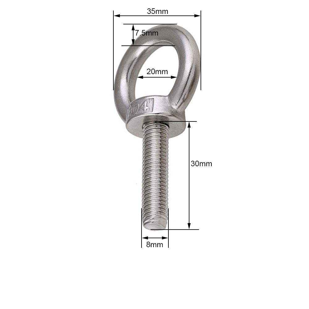 Abimars 304 Stainless Steel Machinery Shoulder Lifting Eye Bolt, 6 PCS M8 Extended Thread Lifting Eyebolts with Lock Nuts, Lock Washers, Flat Washers