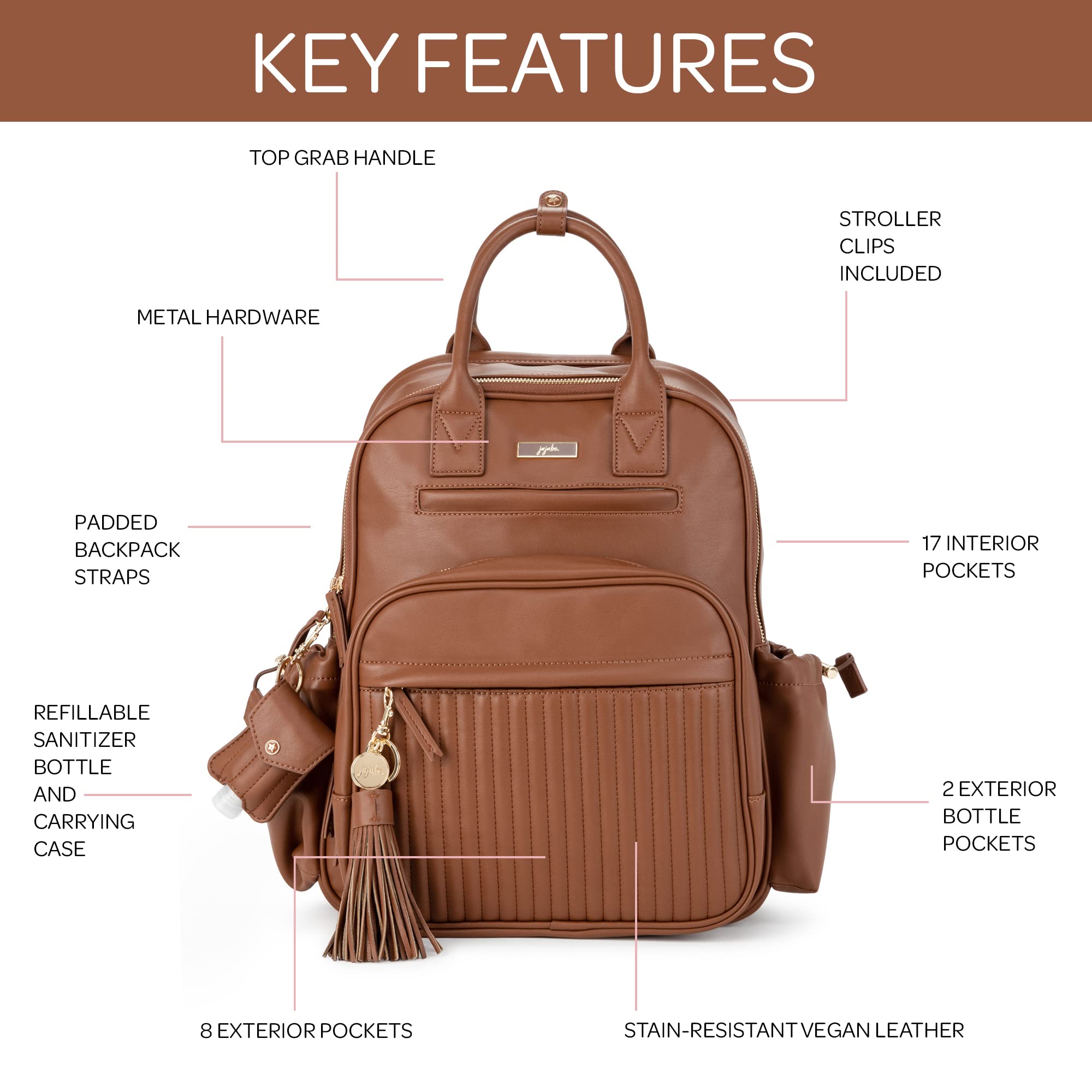 JuJuBe | Million Pockets Vegan Leather Diaper Bag Backpack - Large Travel Backpack for Women | Spice