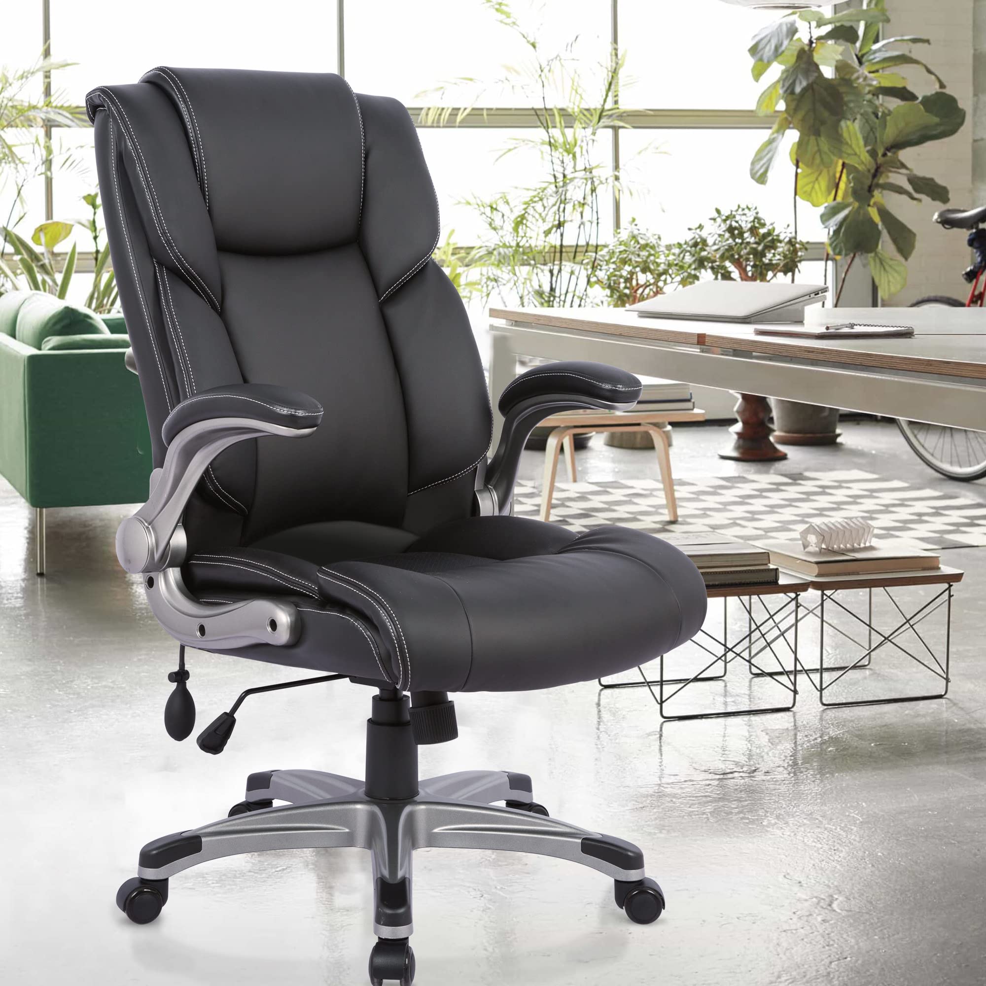 High Back Executive Office Chair- Ergonomic Home Computer Desk Leather Chair with Padded Flip-up Arms, Swivel Rolling Chair for Adult Working Study-Black
