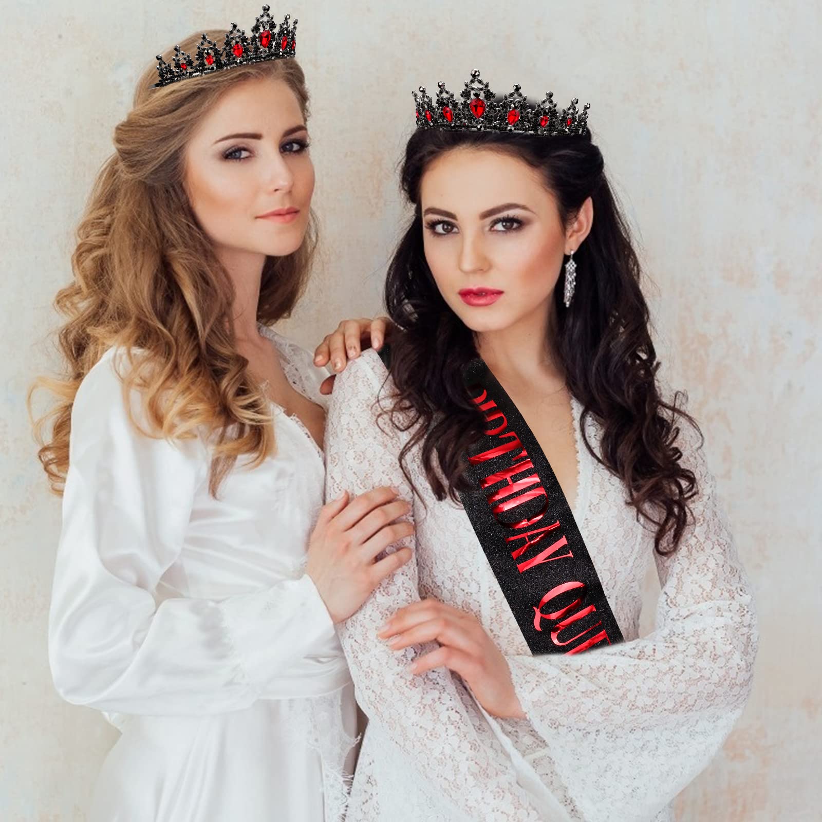 CAVETEE Red Black Birthday Crown and Sash for Women Sash & Rhinestone Tiara Set Red and Black Party Decorations Birthday Queen Crowns Tiaras for Women