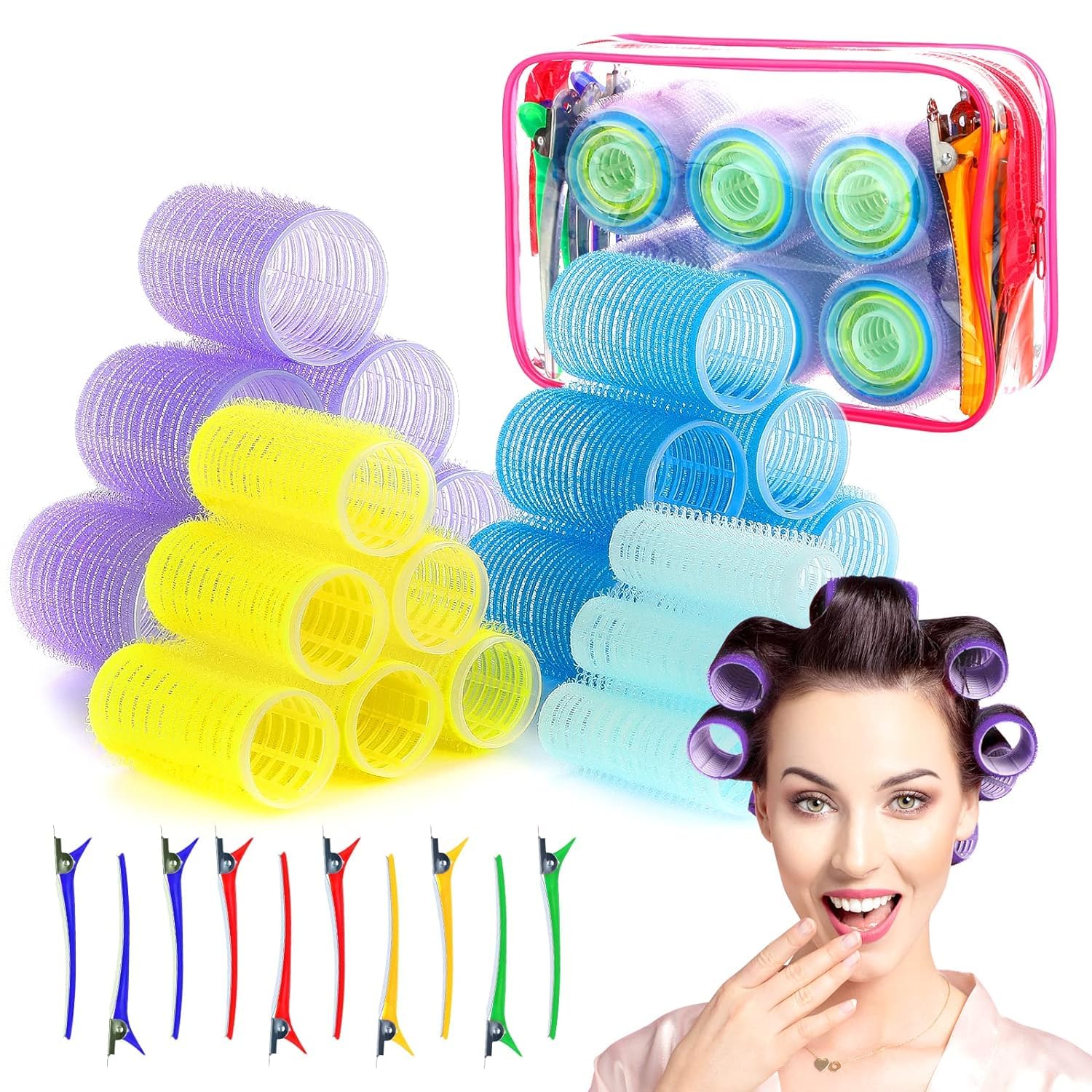 34 Hair Curlers Rollers Set, 4 Size No Heat Hair Roller for Short Medium Long Hair, Include 10 Hair Clips for Women DIY Curly Hairdressing (20/28/36/44mm) Blue