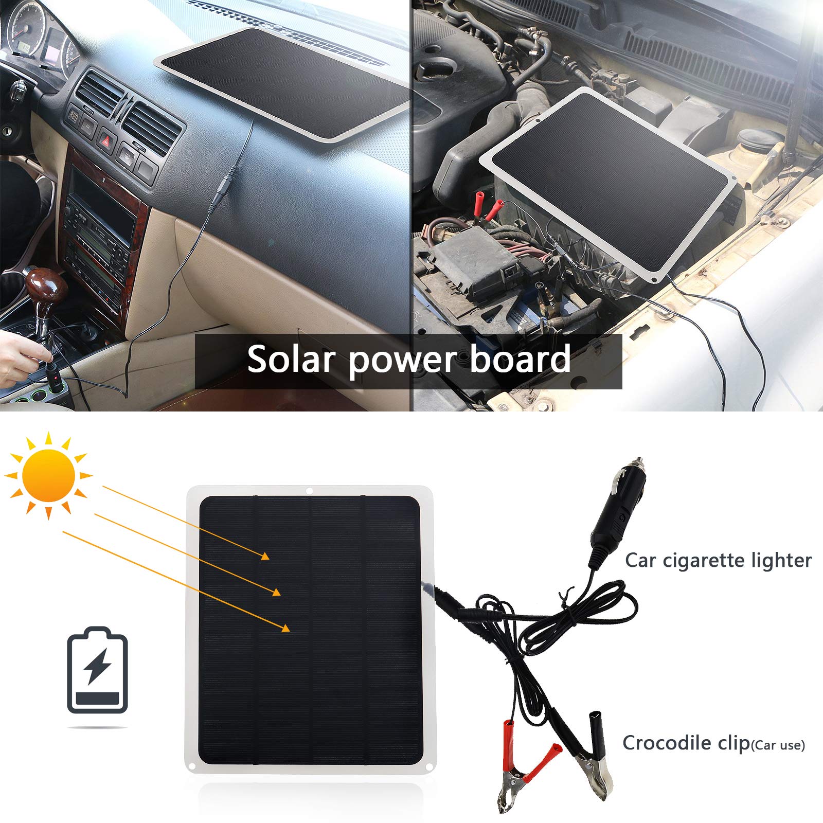 12V DC USB 5V Solar Car Battery Charger Portable SunPower Panel Trickle with Cigarette Lighter Plug Alligator Clip Cables USB Port Outdoor Travel Camping