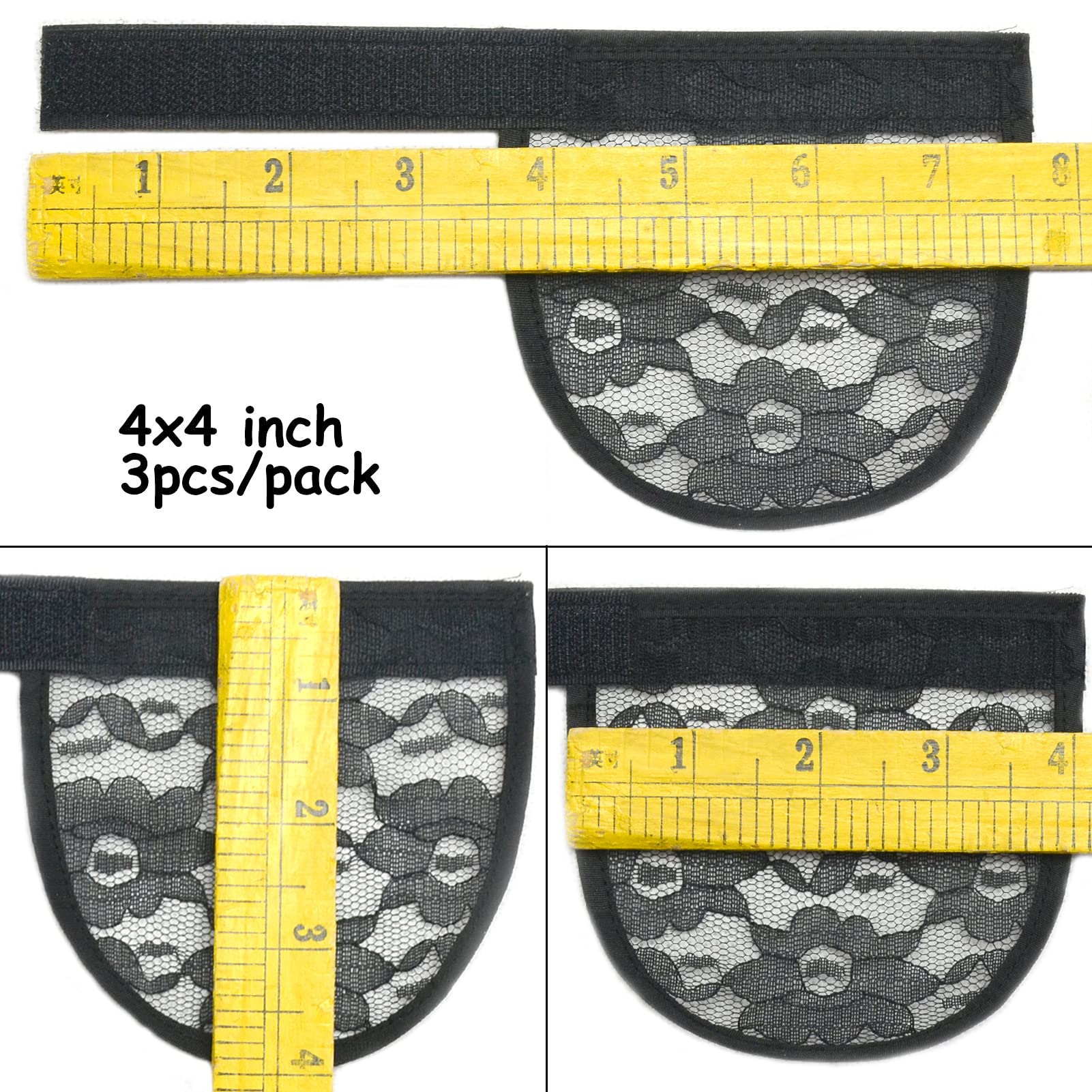Luwigs Magic Buckle Lace Base for Ponytail with Combs 3pcs 4x4 inch Lace Ponytail Net with Magic Buckle Hair Accessory Ponytail Weaving (3pcs, Black)