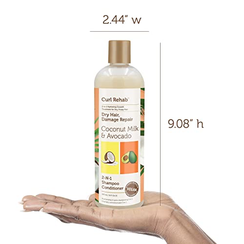 Curl Rehab Dry Hair/Damage Repair Treatment 2 in 1 Shampoo Conditioner (3 Pack), Enriched with Coconut Milk & Avocado, 16 Oz