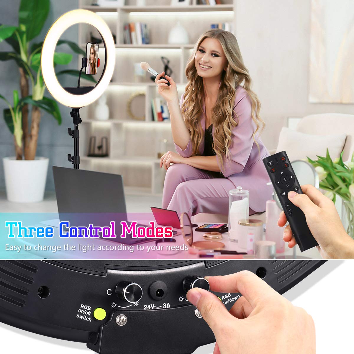 19" Selfie RGB Ring Light with Stand - YUNLIGHTS 11 Colors Modes RGB Dimmable LED Ring Light with Phone & iPad Holder for YouTube|Video|Shooting|Vlogs|Makeup, Compatible with iPhone Android Phone
