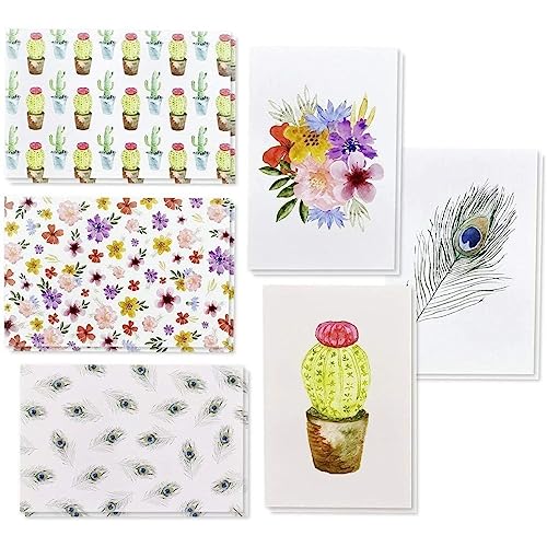 48-Pack All Occasions Cards with Envelopes, 6 Watercolor Floral Peacock Feather Designs, Blank Insides for Anytime, Birthdays, Wedding, 4x6