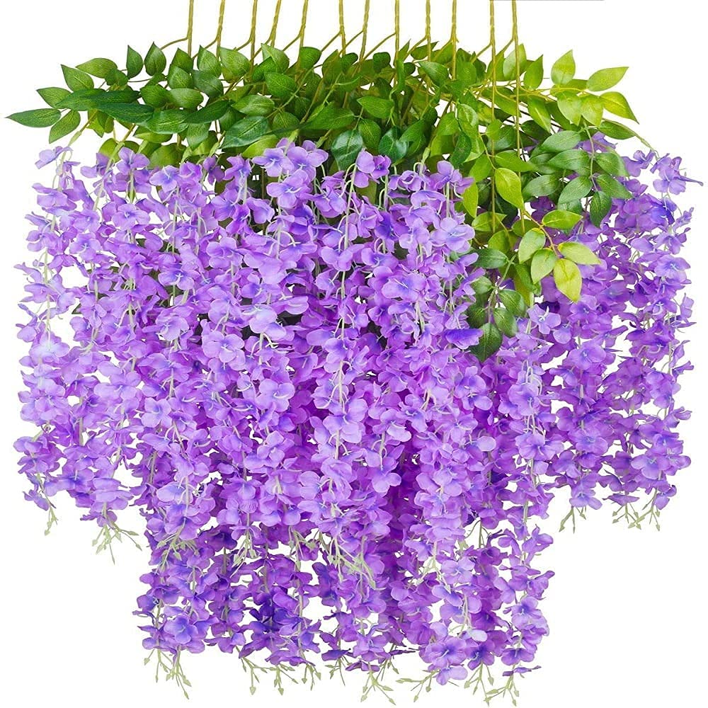 6 Pieces Wisteria Artificial Flower 45 inch Bushy Silk Vine Ratta Hanging Garland Hanging for Wedding Party Garden Outdoor Greenery Office Wall Decoration (Pruple Blue(6 pcs))