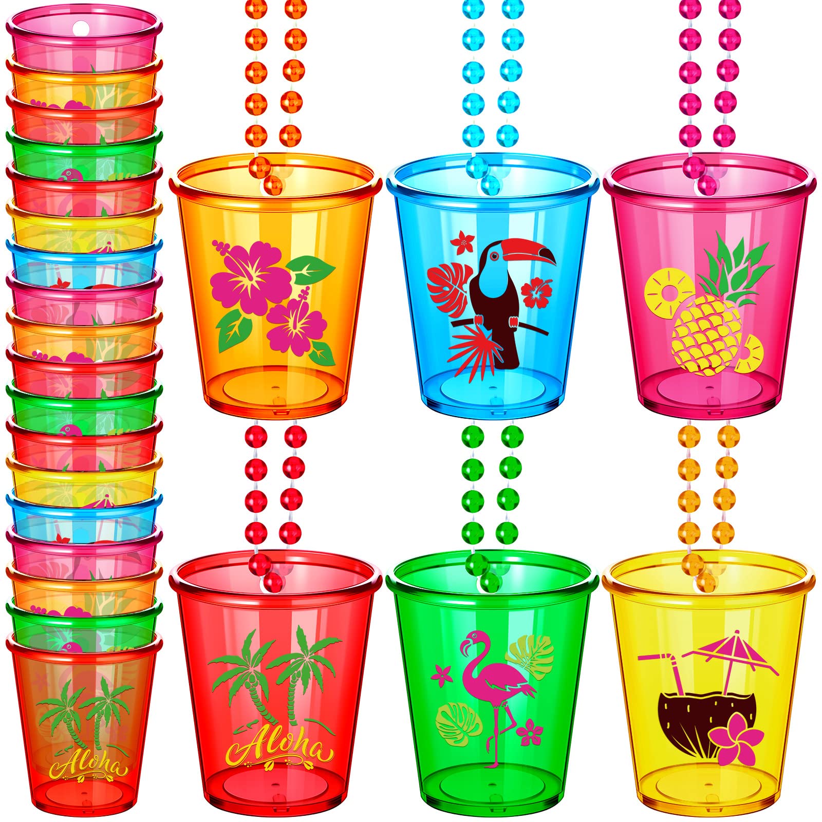 12 Pcs Hawaiian Luau Shot Glasses Bead Necklace Hawaiian Aloha Party Necklace Cups Flamingo Hibiscus Shot Glass Beaded Necklace Plastic Shot Glasses Necklace for Hawaiian, Summer Tiki Party Supplies