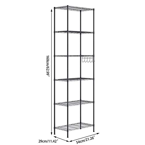 Anfan 6 Tier Wire Shelving Unit Heavy Duty Metal Wire Storage Shelves with Adjustable Leveling Feet & Side Hooks for Kitchen, Garage and Office (Black)
