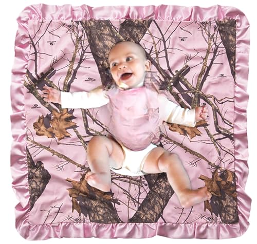 Mossy Oak BU Pink Hunting Camo Baby Blanket, Super Soft Carstens Microfur Back and Satin, Bow, Newborn Pink Camouflage Gift Blanket