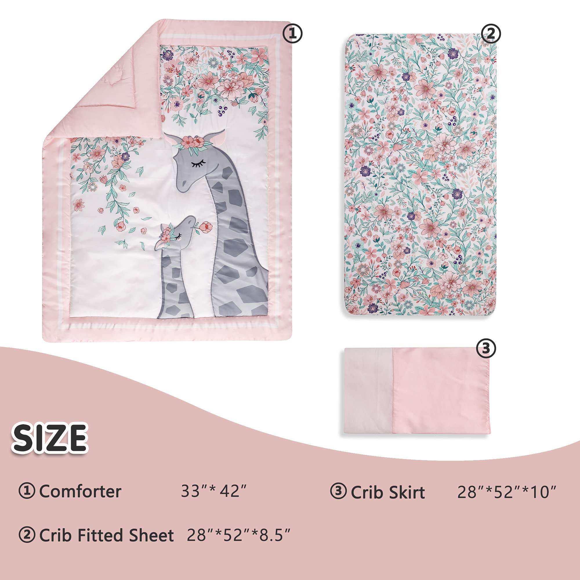 Honkaii Giraffe 3-Piece Crib Bedding Set, Baby Nursery Bedding Sets Including Crib Quilt, Crib Skirt, Crib Sheet, Pink Crib Sets for Girls