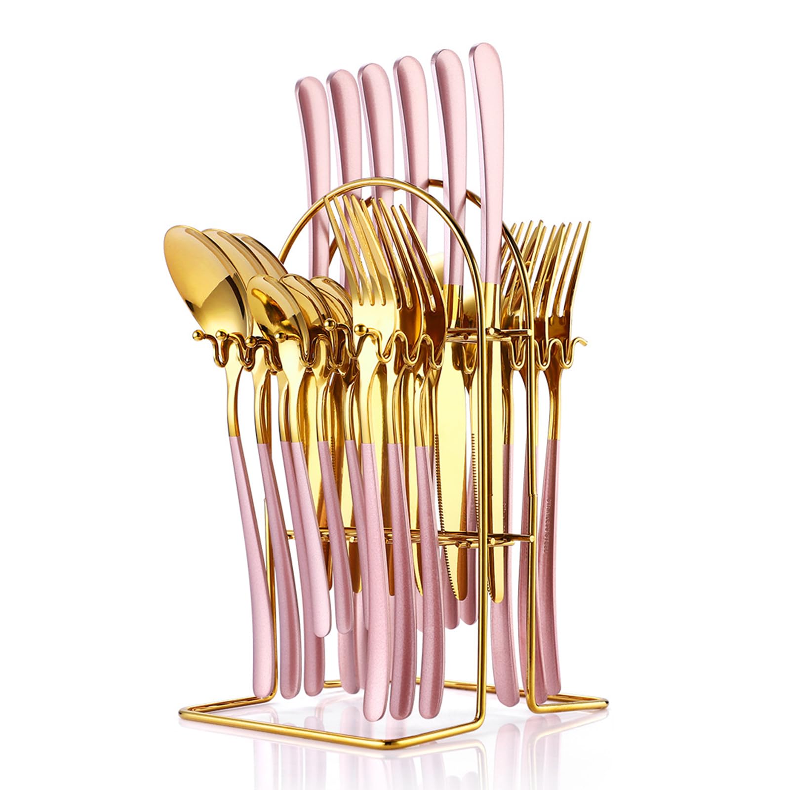 24 Pieces Silverware Set, Stainless Steel Flatware Set with Silverware Holder Spoons Forks Knives Set,Utensils Set Service for 6,Cutlery Set for Kitchen (Pink)