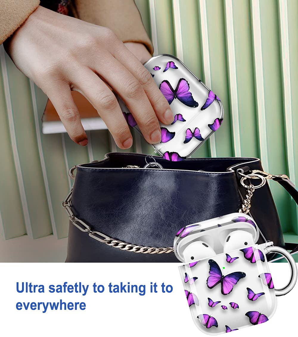 Maxjoy for AirPods Case Cover, Clear AirPod Case for Women Girly Cute Soft Protective Transparent iPod Case with Keychain Clip for AirPods 2nd 1st Generation Charging Case 2&1, Purple Butterfly