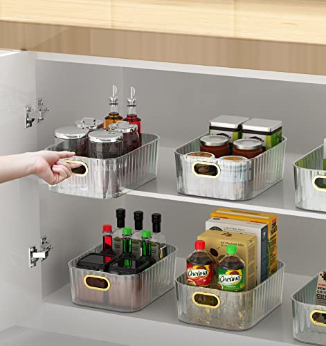 3 Pack Plastic Stackable Clear Storage Bins,Storage Container Basket with Handle for Office,Clear Organizer Bins for Kitchen Cabinet,Refrigerator,Food Pantry,Countertops, Bedrooms, Bathrooms