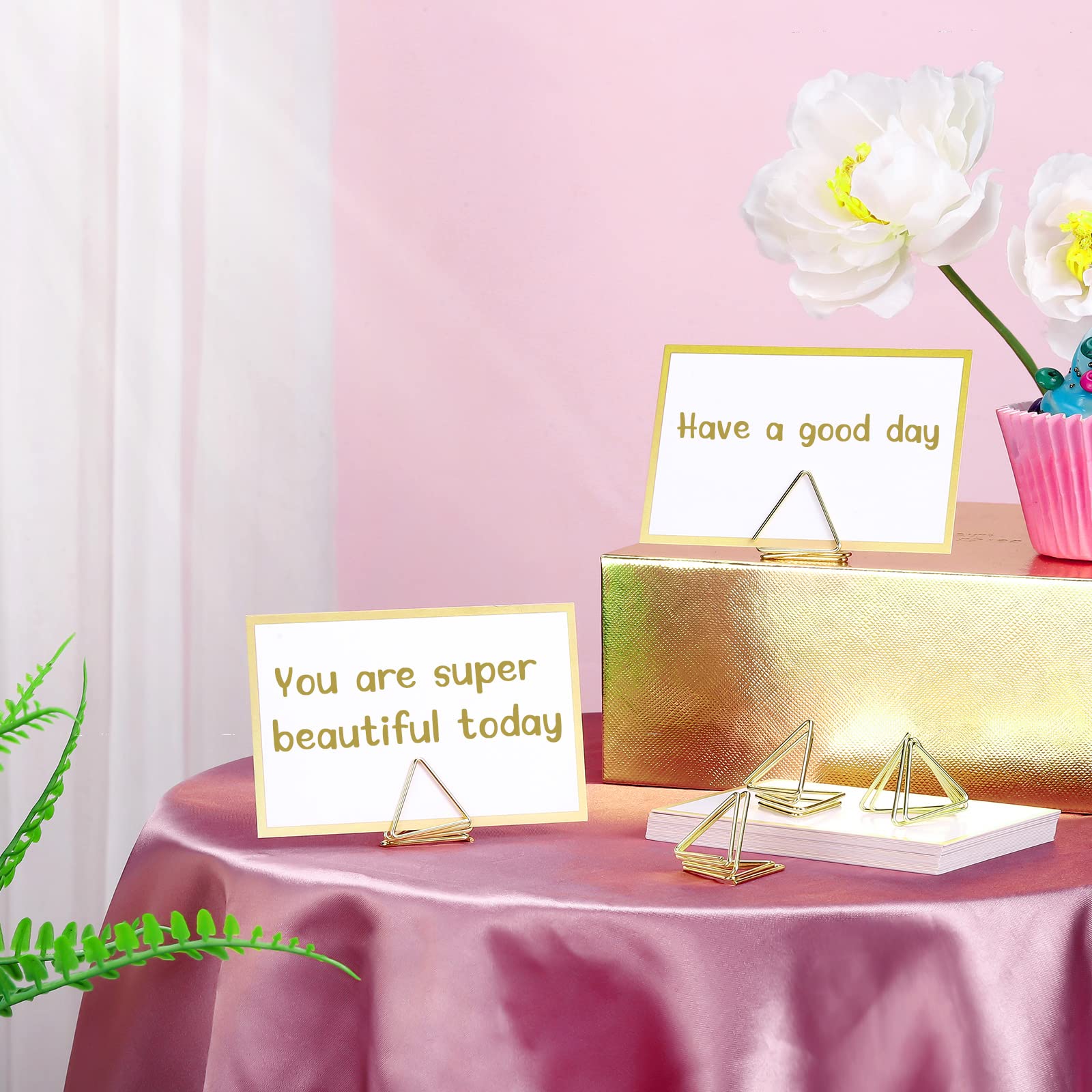 24 Pieces Triangle Shape Table Place Cards Holder Sturdy Place Card Holder with 24 Pieces Beautiful Escort Cards with Foil Border Wedding Name Cards for Table Place Card for Weddings (Gold)