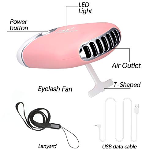 Honoson USB Lash Fan Dryer Handheld Air Conditioning Blower Mini Portable Rechargeable Eyelashes Dryer Fans with Tweezers and lash Inspection Mirror for Eyelash Extension Women