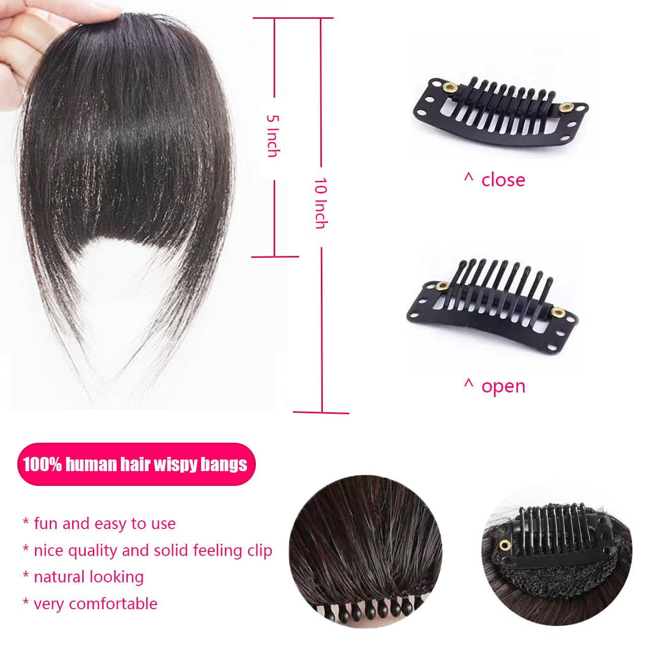 Clip in Bangs Natural Black Bangs Clip in Fringe Hair Extensions Remy Human Hair with Temples Natural Color for Women