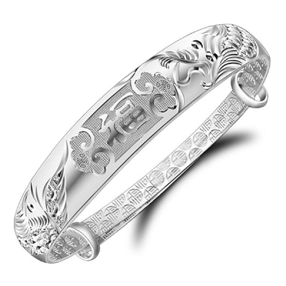 ABIRTE Women's 999 Solid Sterling Silver Chinese Dragon Phoenix Carved Adjustable Bangle Bracelet 15g Weight for Women,Ladies and Elder.