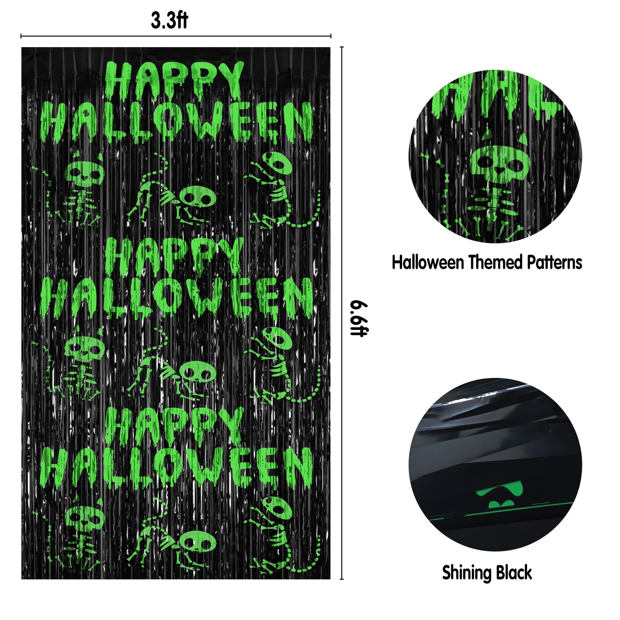 2 Pack Halloween Foil Fringe Curtains Decorations, 3.3 x 6.6 FT Black Tinsel Fringe Curtain Cat Happy Halloween Decorations Indoor Photo Backdrop Streamers for Home Halloween Party Decor