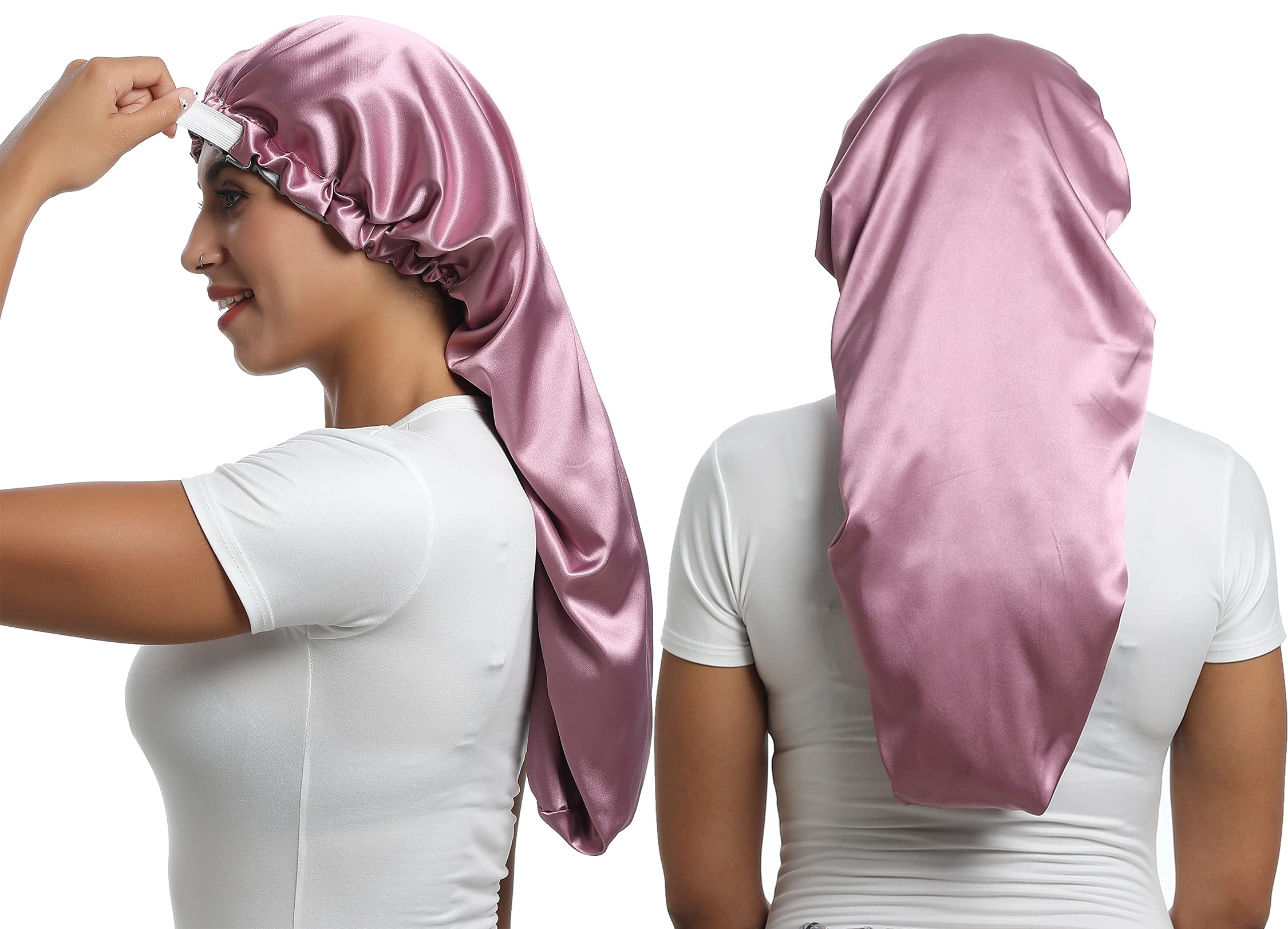SAYMRE Satin Bonnet Silky Sleep Cap,Adjustable Hair Bonnet for Braids Curly Hair (Long Size, Long Champagne)