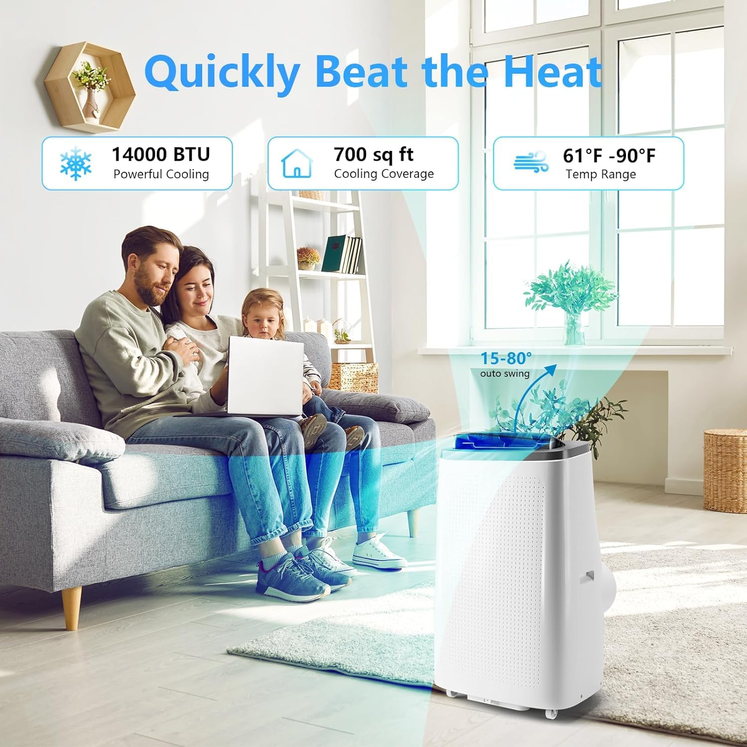 14000Btu Portable Air Conditioner With Remote Control for Rooms,3 In 1 Portable Ac Unit, Quiet Cooling Up to 700 Sq Ft, Dehumidifier & Fan Modes, 24-Hr Timer, Includes Window Kit, White