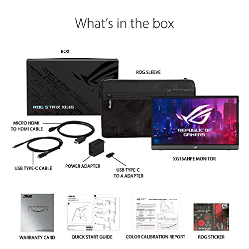 ASUS ROG Strix 15.6" FHD 1080P Portable Gaming Monitor XG16AHPE, 144Hz, IPS, G-SYNC Compatible, Built-in Battery, Kickstand, USB-C, Micro HDMI, for Laptop, PC, Phone, Console