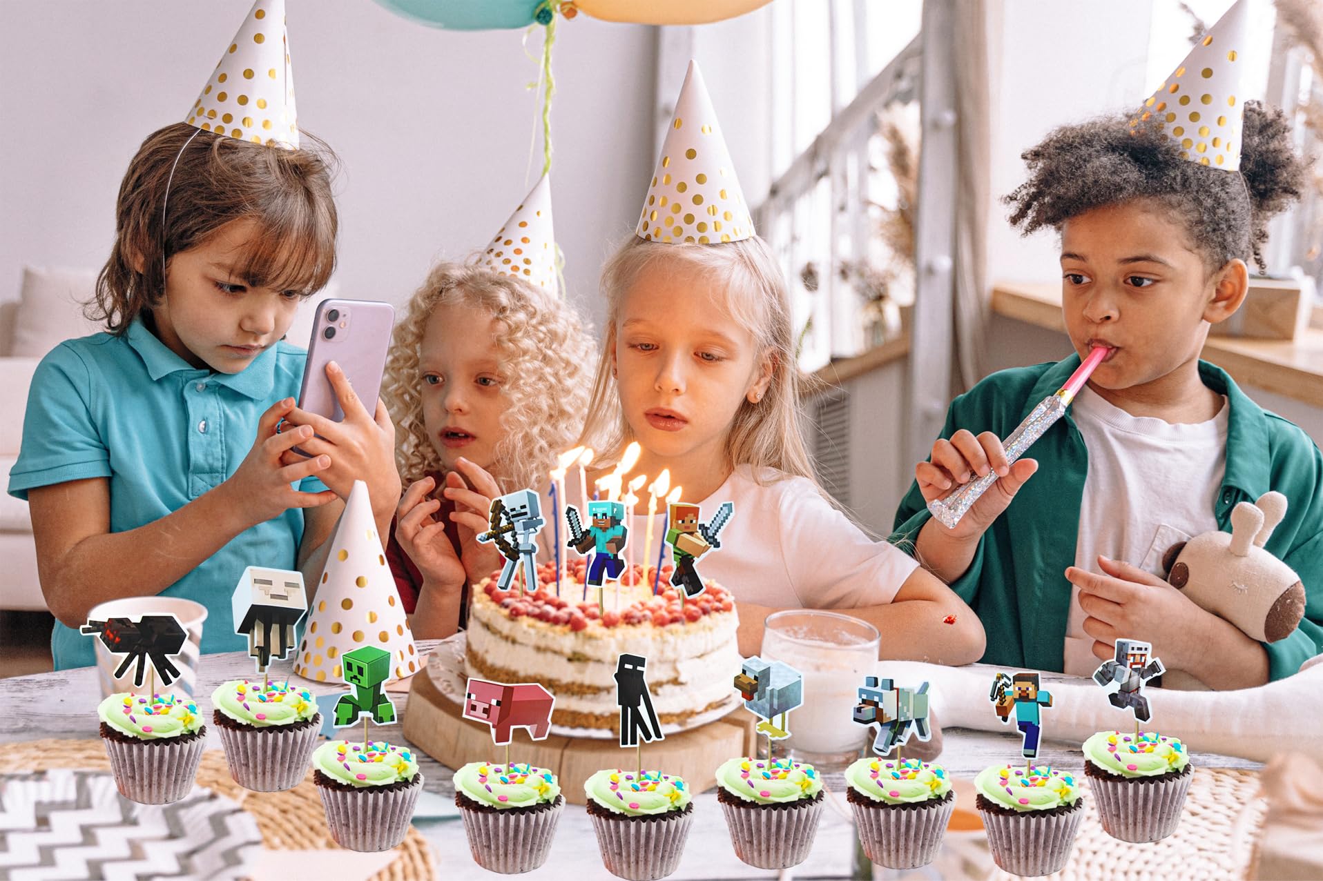 12 pcs Pixel Style Cake Toppers for Miner Party Cake Decorations, MC Game Lovers' Birthday Cupcake Toppers, Designed for Game Lovers, Game Party Decorations Supplies