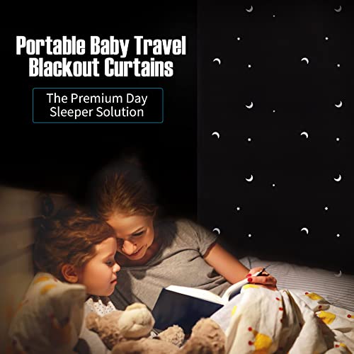 Goabroa (2 Pack Portable Baby Travel Windows Blackout Curtain, 78"x 50" Adjustable Temporary Blackout Shades with Suction Cups for Nursery or Dorm Room - Moon & Stars Pattern