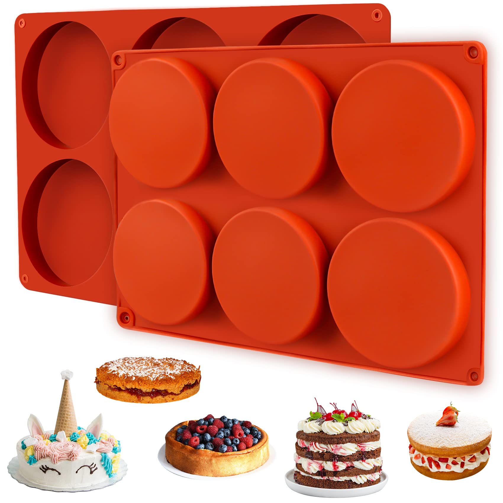 2 Pcs Large Silicone Molds for Baking, 6-Cavity Round Silicone Baking Mold, Non-Stick 4” Baking Disc Molds for Whoopie Pie, Egg Pan,Muffin, Candy, Soap, Hamburger, Resin Coasters (Red)